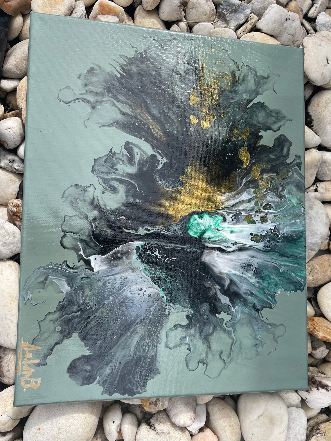 Dutch Acrylic Paint Pouring Wall Art Green Black White and - Etsy