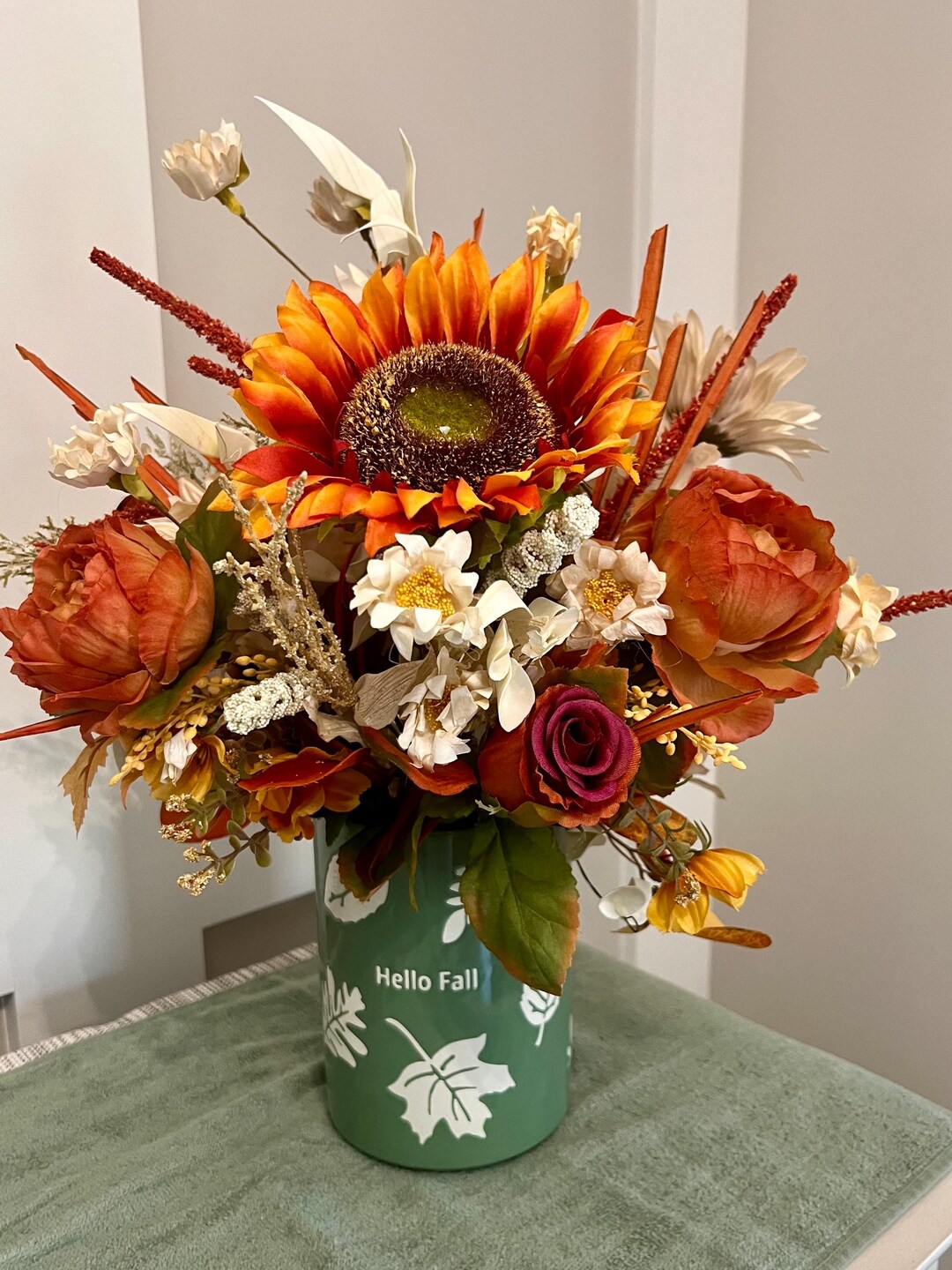 Fall Floral Centerpiece: Sunflower, Cosmos, Roses in Green Ceramic - Etsy