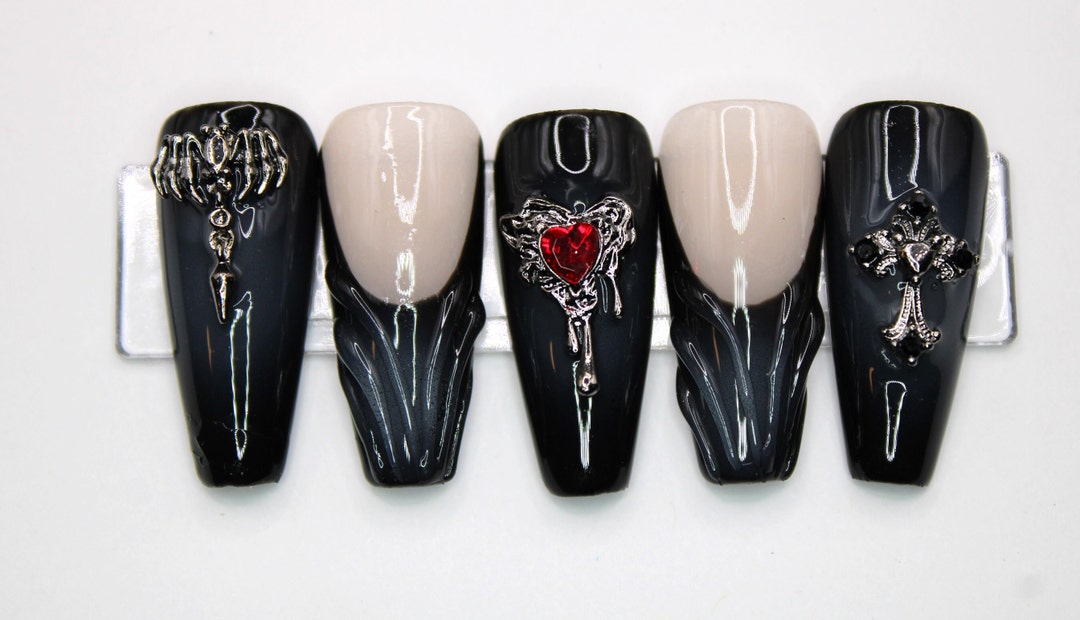 Black and Grey Goth French Tip Press on Nails | APRES GEL-X | Goth ...