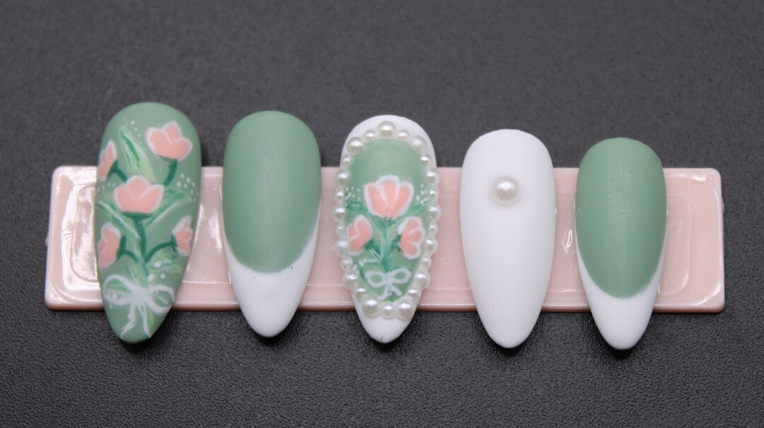 Matte Floral Cottage Core Press on Nails | APRES GEL-X | Green Nails ...