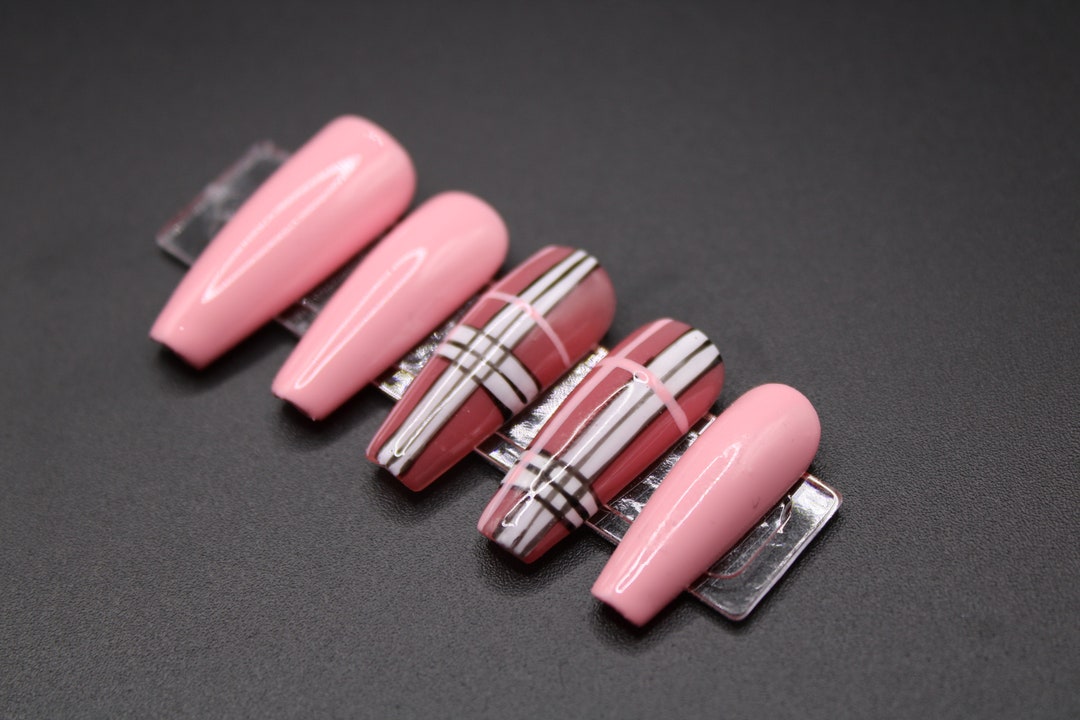 Pink Plaid Press on Nails | APRES GEL-X | Plaid Nails | Budget Nails ...