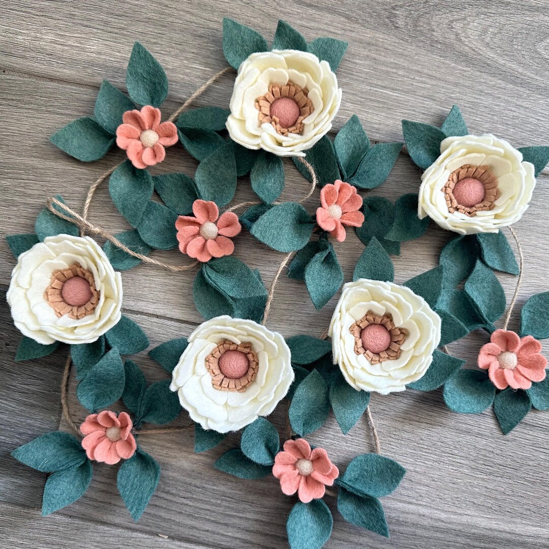 Felt Garland, Floral Garland, Pink and White Felt Flowers, Felt Peonies ...