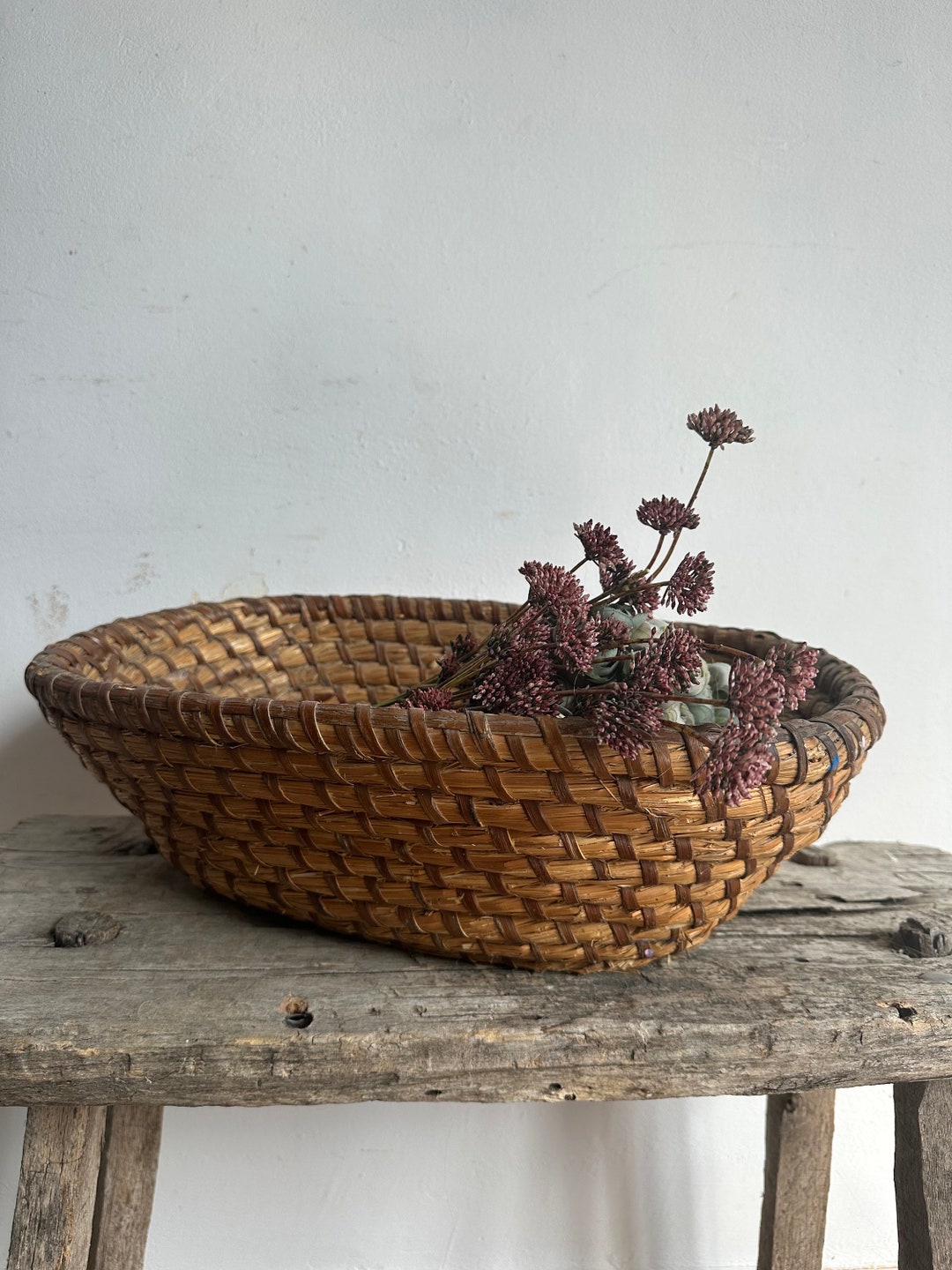 ANTIQUE Hand Woven Rye Grass Oval Basket,rustic Bread Basket, Coiled ...
