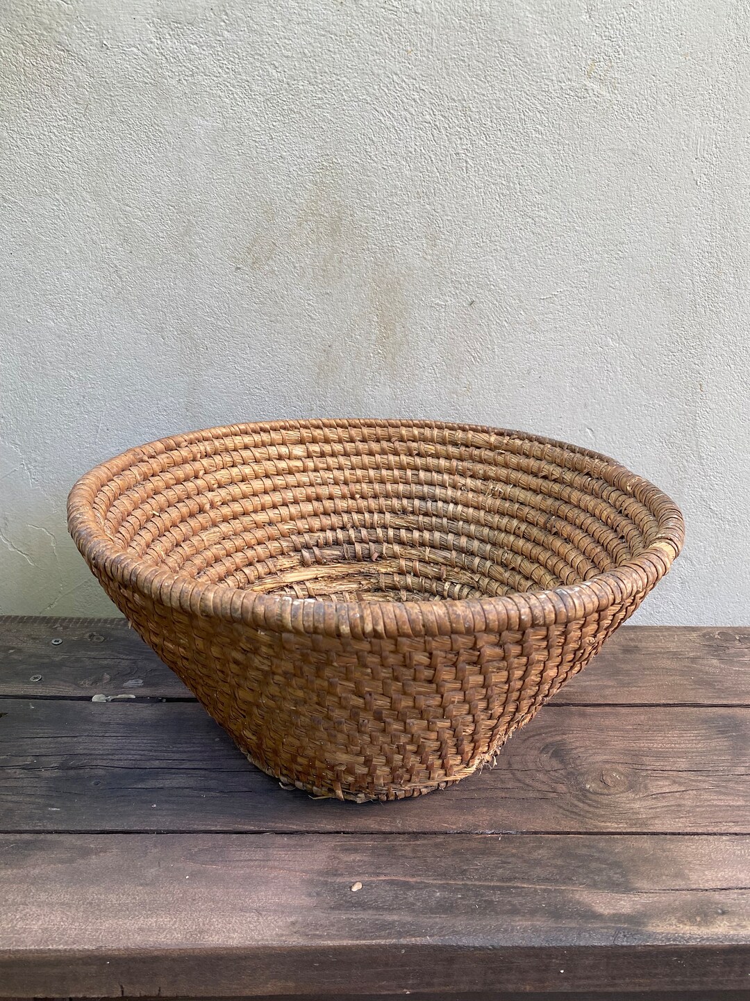 ANTIQUE Coiled Rye Serving BOWL, Hand Woven Wicker Farmhouse Primitive ...