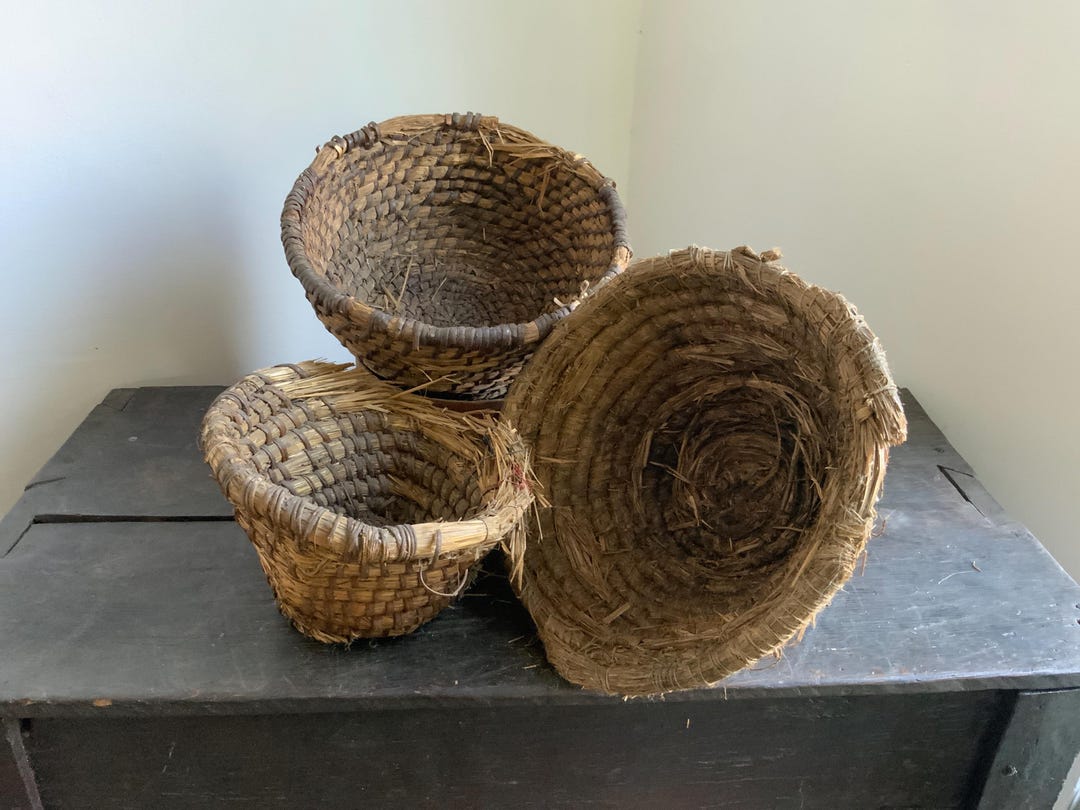 Shabby ANTIQUE Rustic 1920s Baskets Coiled Rye Serving BOWL Hand Woven ...
