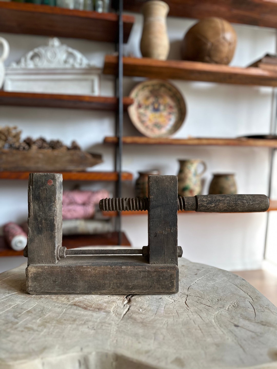 ANTIQUE Wooden Vice Clamp Vintage Rustic Book End Decor Home Gift ...