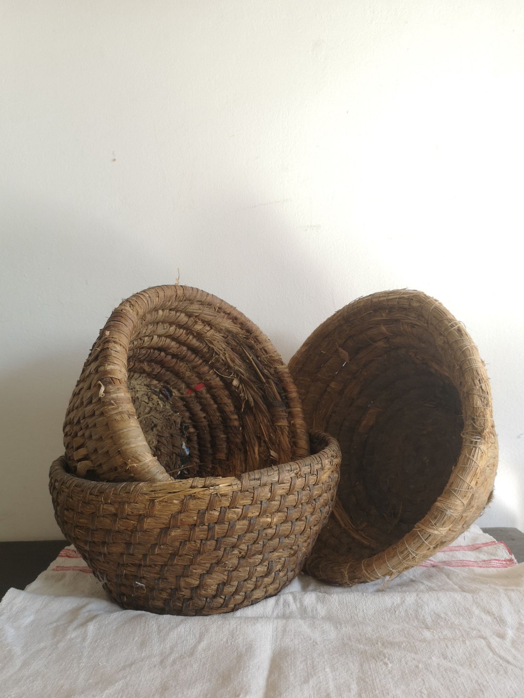 ANTIQUE Rustic Harvesting Baskets, Coiled Rye Serving, Store Hand ...