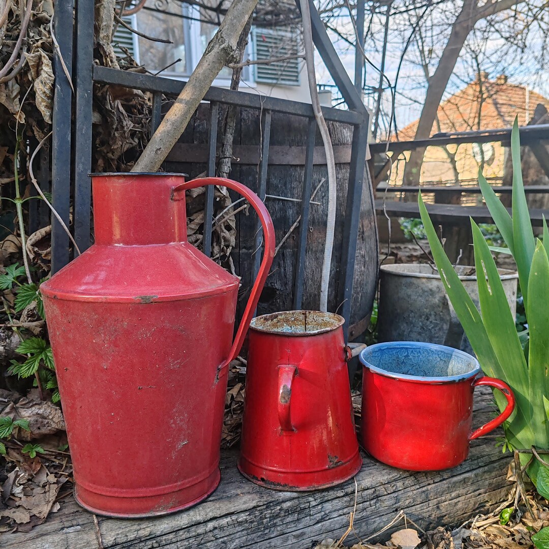 Set of 3 Cherry Red STORAGE Containers Enamel Fridge Vintage Pot ...