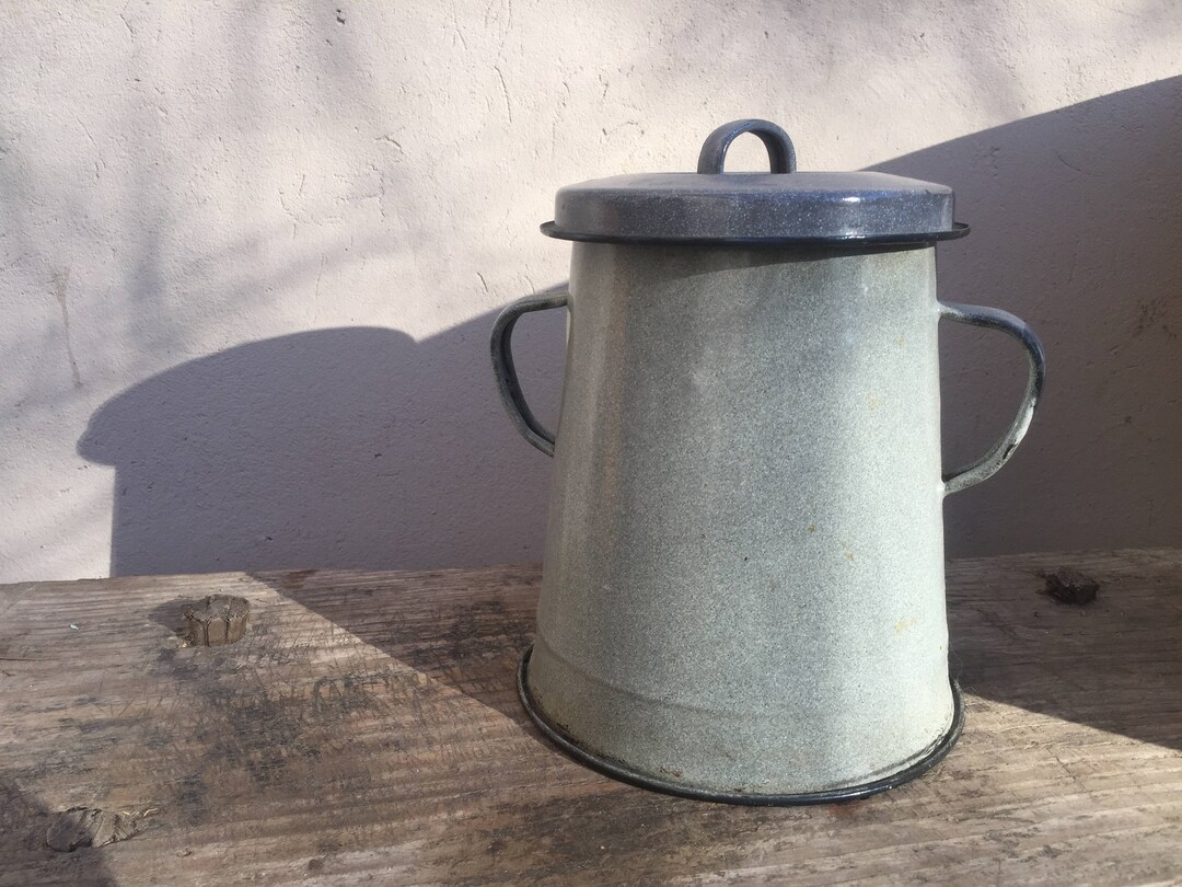 GREY STORAGE Container Enamel Kitchen Mini Fridge Vintage Pot Carrier ...