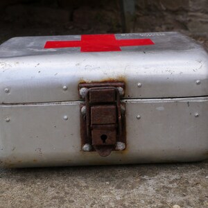 FIRST AID BOX Vintage Hungarian Medical First Aid Supplies Aluminum Tin ...