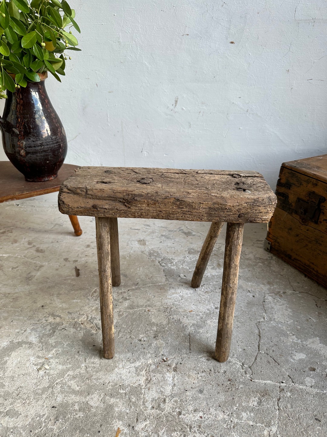 Vintage Rustic Hand-made Milking Stool or Primitive Bedside Occasional ...