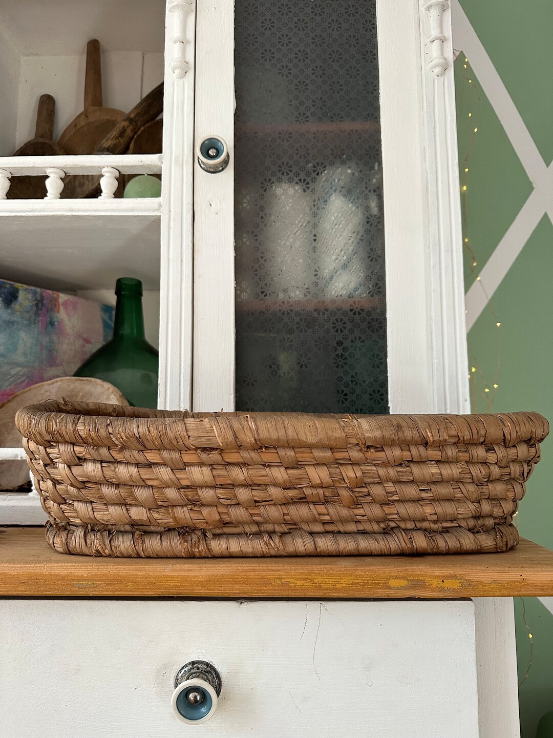 ANTIQUE Hand Woven Rye Grass Oval Basket,rustic Bread Basket, Coiled ...