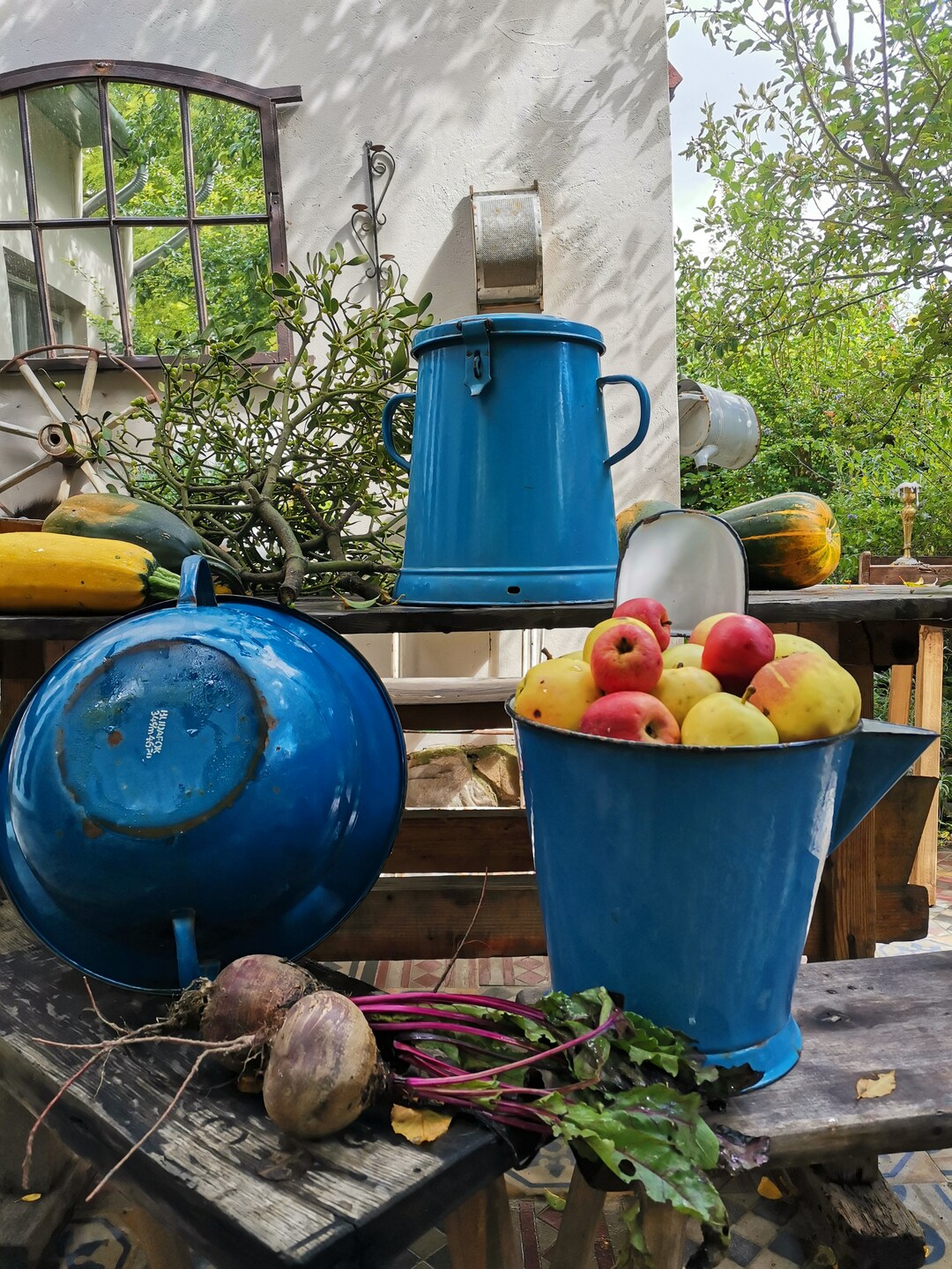 Set of 3 Bright Blue Enamel Container, Milk Bucket and Bowl Fridge ...