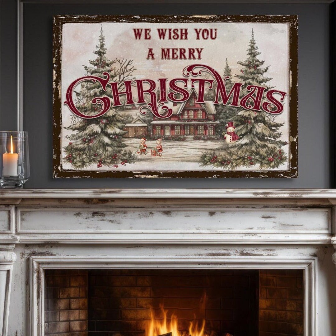 Vintage Christmas Canvas Sign: Snowy Cabin Holiday Decor - Etsy