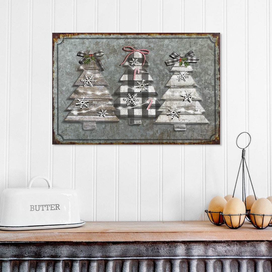 Three Little Trees Faux Metal Sign, Winter Decor, Vintage Farmhouse ...