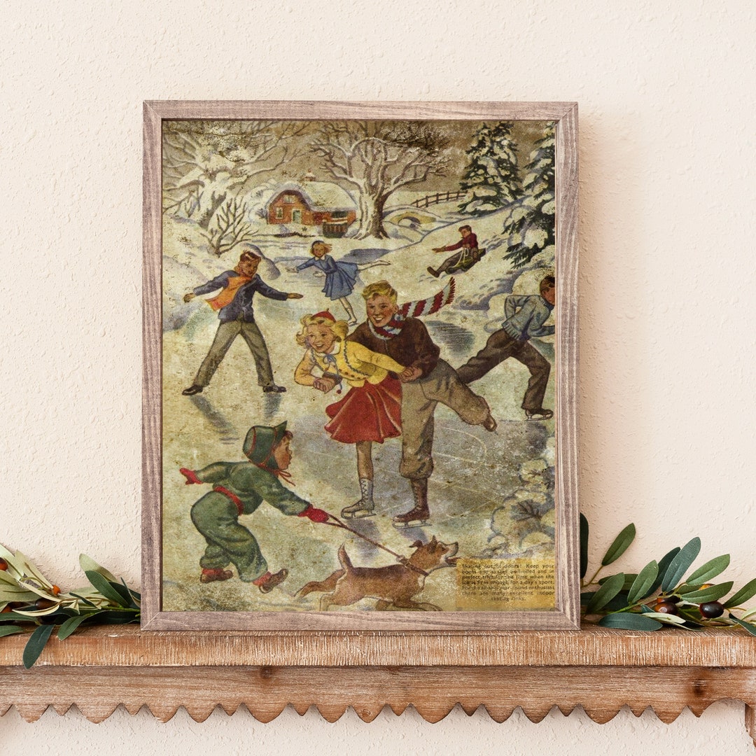 Retro Ice Skating Art Print: Vintage Winter Scene Reproduction - Etsy