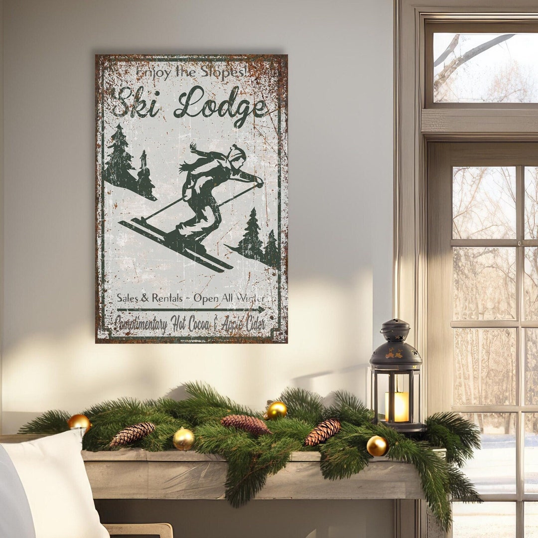 Ski Lodge Sign, Vintage Travel Poster, Winter Canvas Wall Art, Holiday ...