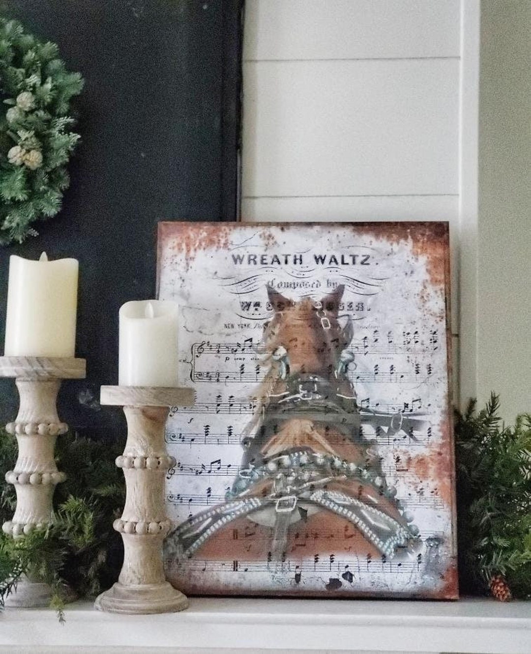 Horse & Sheet Music Canvas Art: Rustic Holiday Wreath Waltz - Etsy