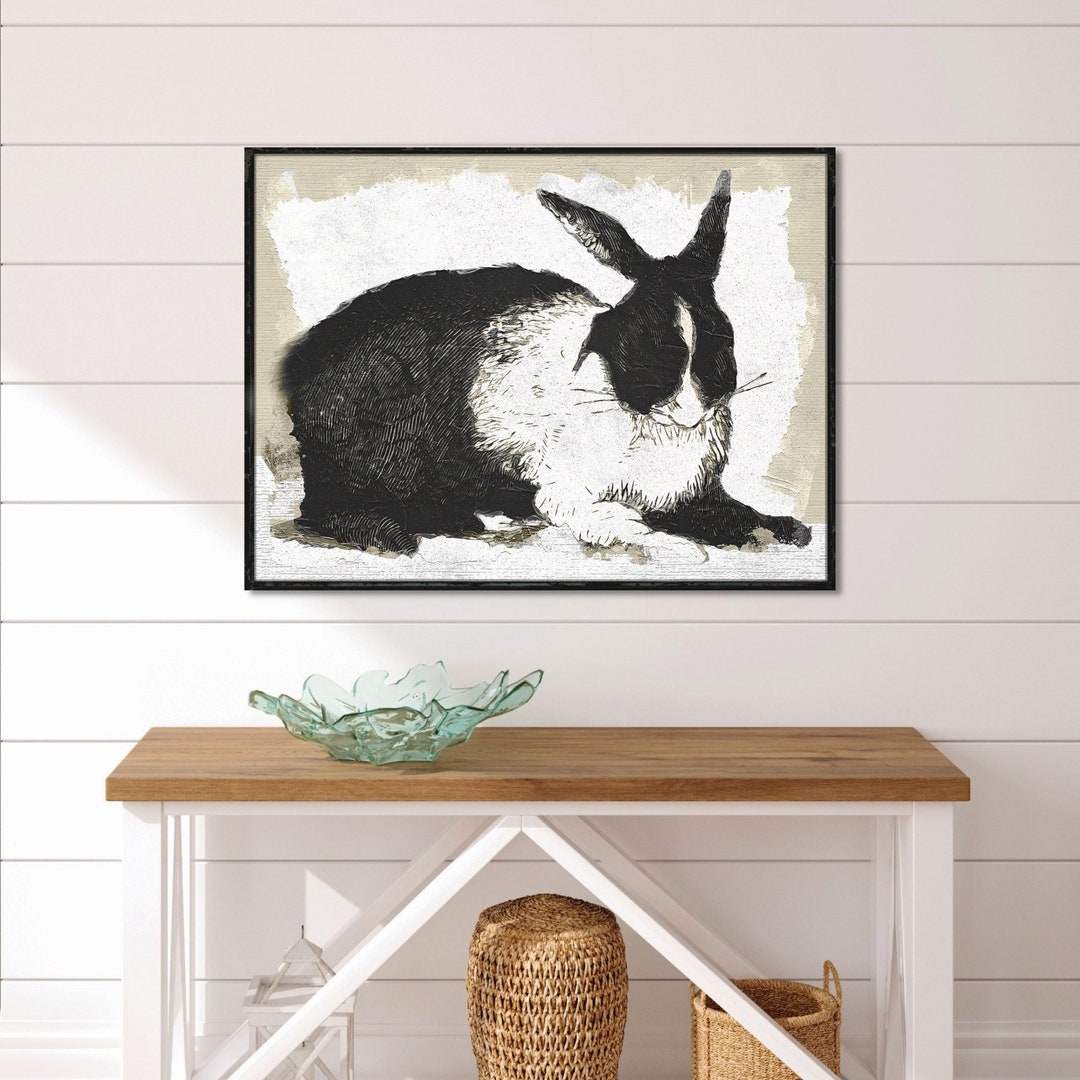 Vintage Rabbit Canvas Art: Abstract Black and White Bunny Illustration ...