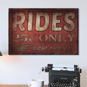 Vintage Carnival Sign: Rides 25 Cents, Faux Rusty Metal Canvas Wall Art ...