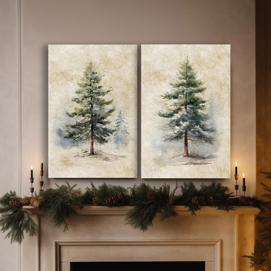 Conifers Winter Art, Large Canvas Wall Art, Winter Pines, Vintage ...