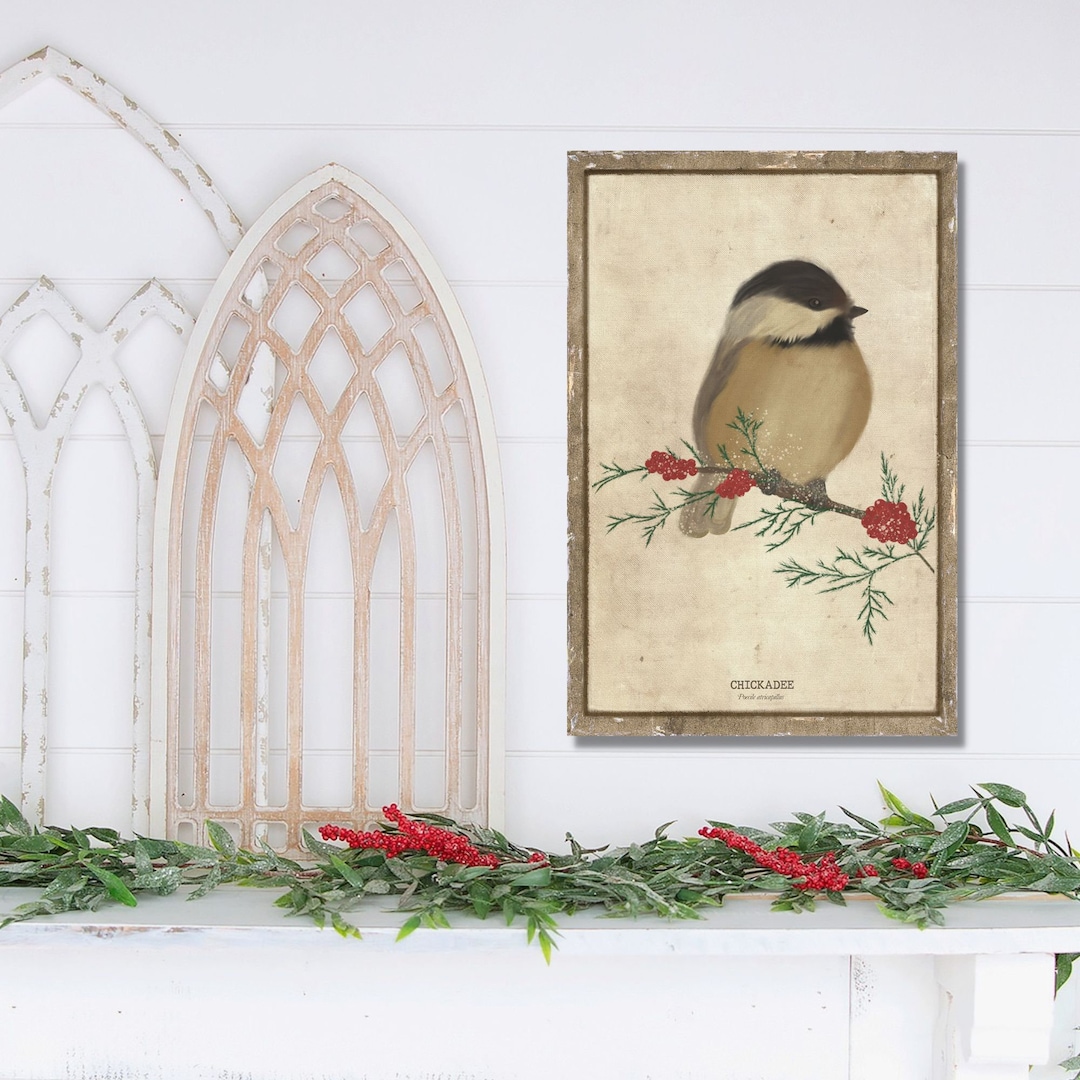Chickadee Print, Vintage Bird Sign, Winter Bird Decor, Chickadee Art ...