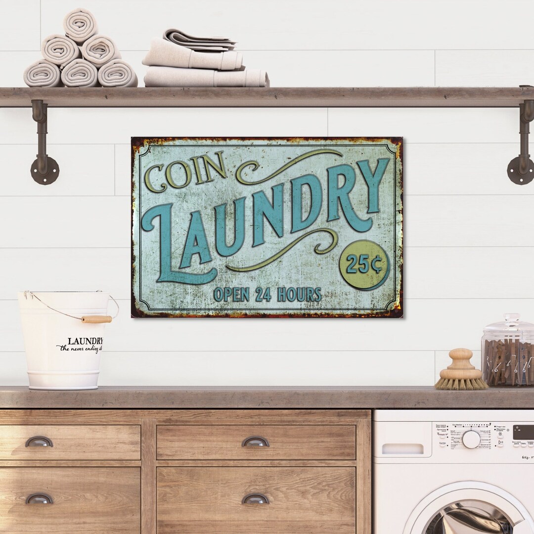 Coin Laundry Sign, Canvas Wall Art, Faux Metal Sign, Vintage Farmhouse ...