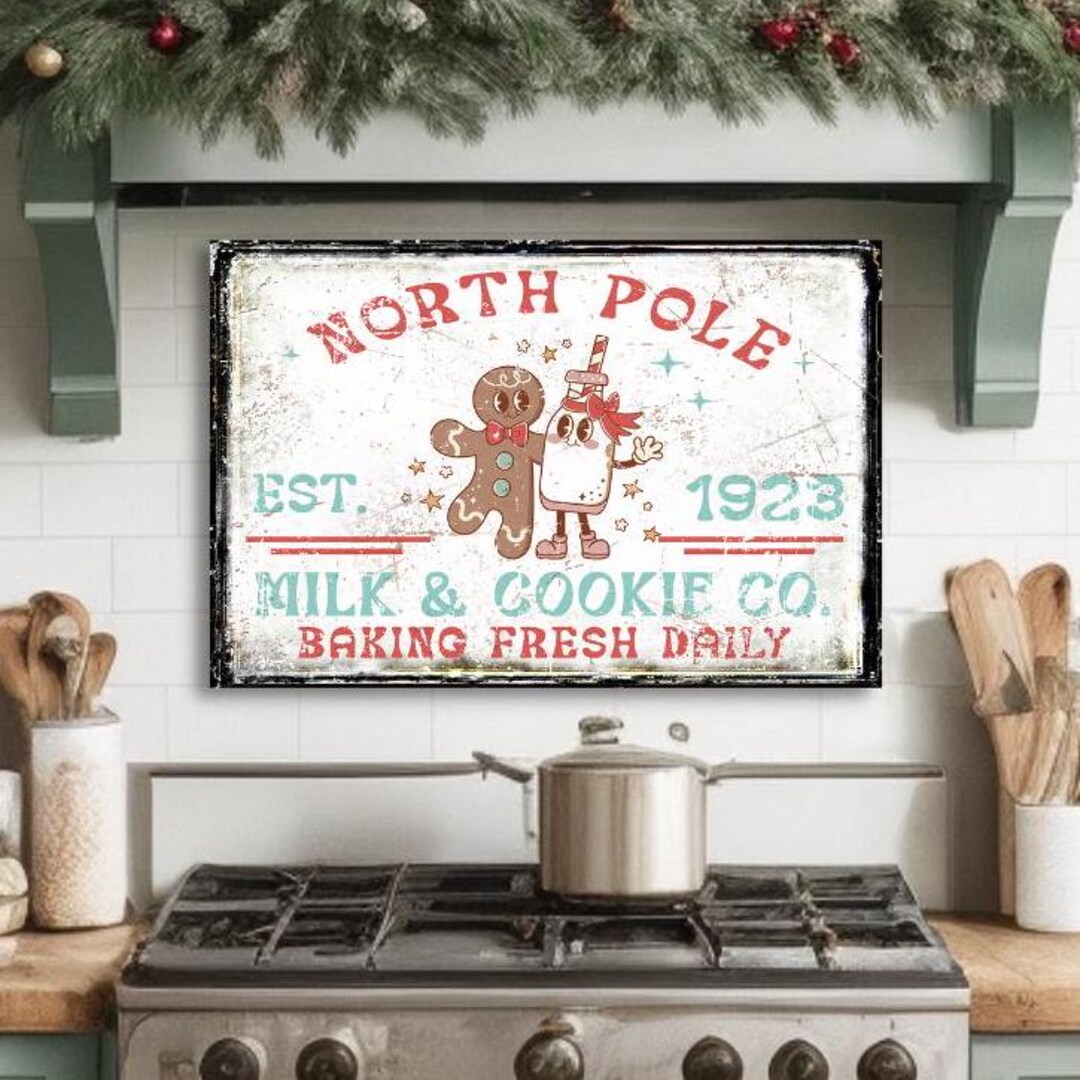 Milk & Cookie Co, Christmas Kitchen Sign, Retro Christmas Decor, Large ...