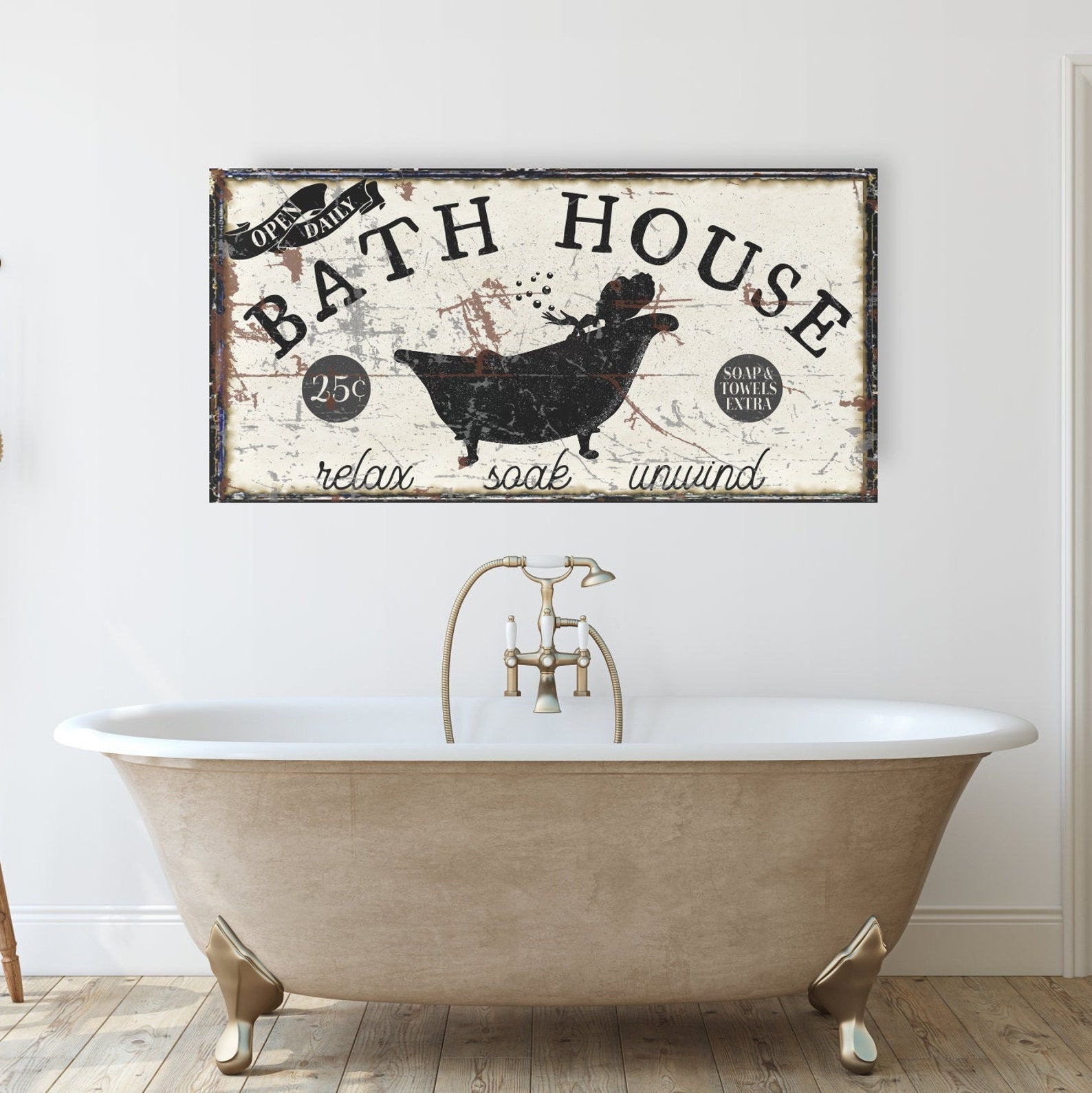 Vintage Bath House Sign Modern Farmhouse Decor Large Canvas | Etsy