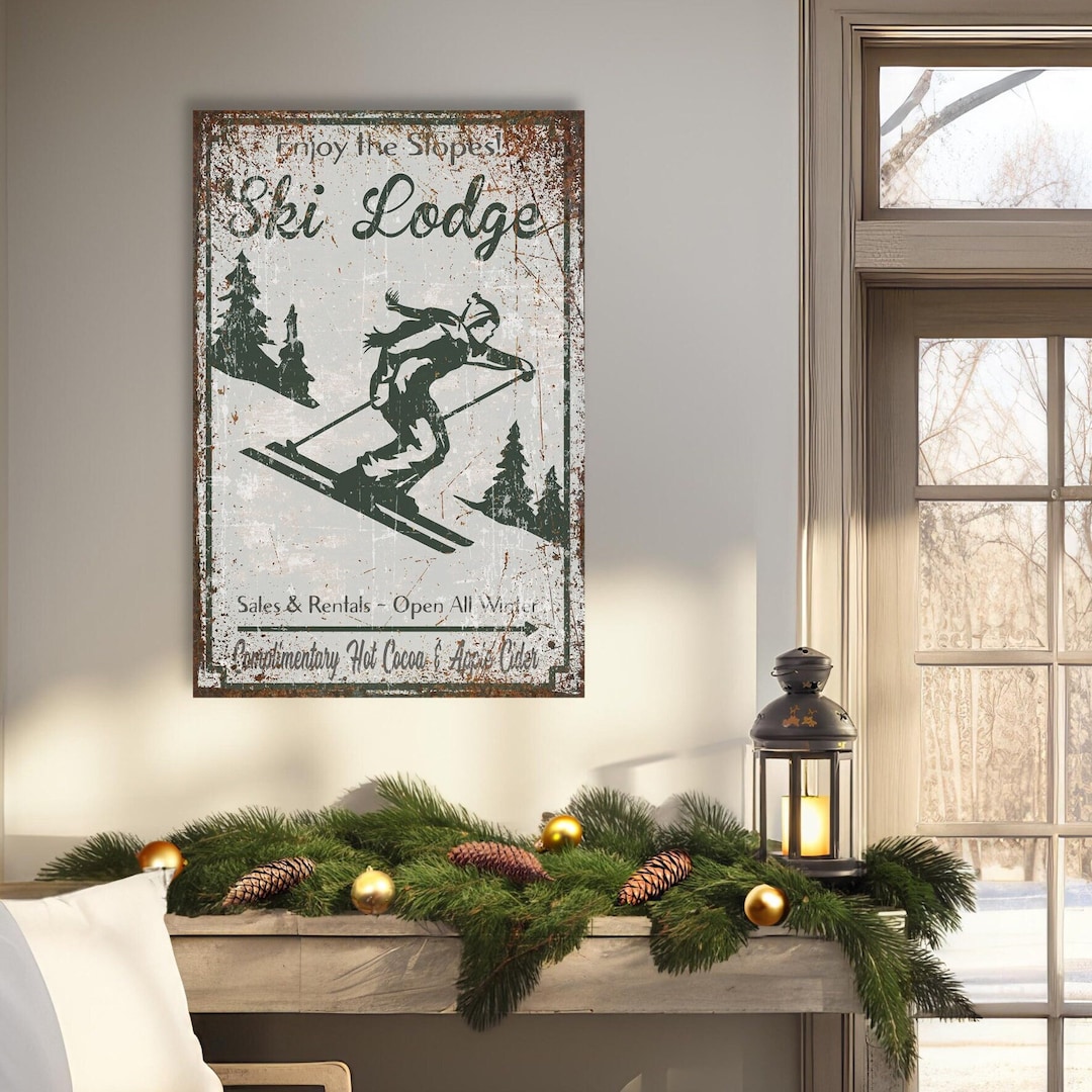 Ski Lodge Sign, Vintage Travel Poster, Christmas Canvas Wall Art ...
