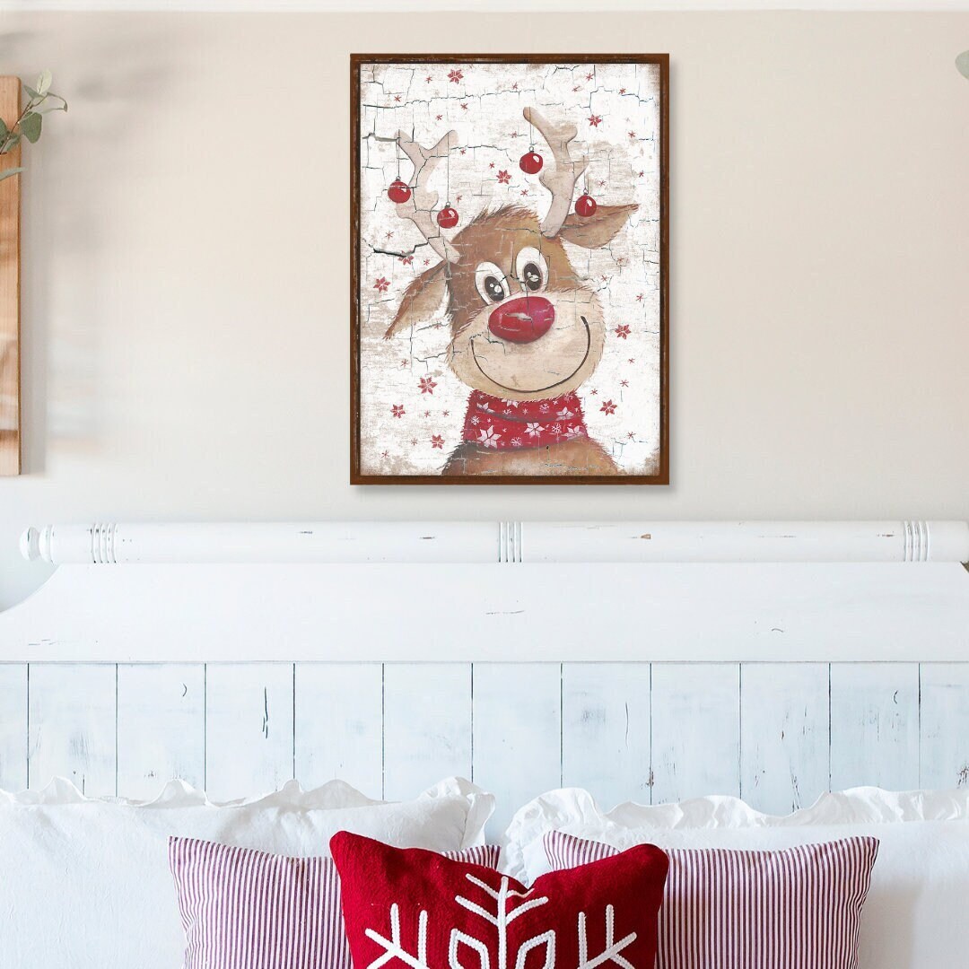 Happy Reindeer, Christmas Sign, Vintage Holiday Decor, Christmas Wall ...