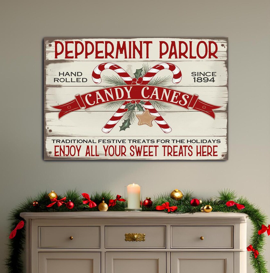 Peppermint Parlor Christmas Canvas Sign: Vintage Candy Cane Holiday ...