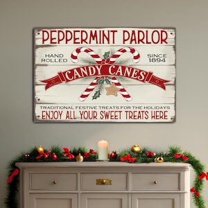Peppermint Parlor Christmas Canvas Sign: Vintage Candy Cane Holiday ...
