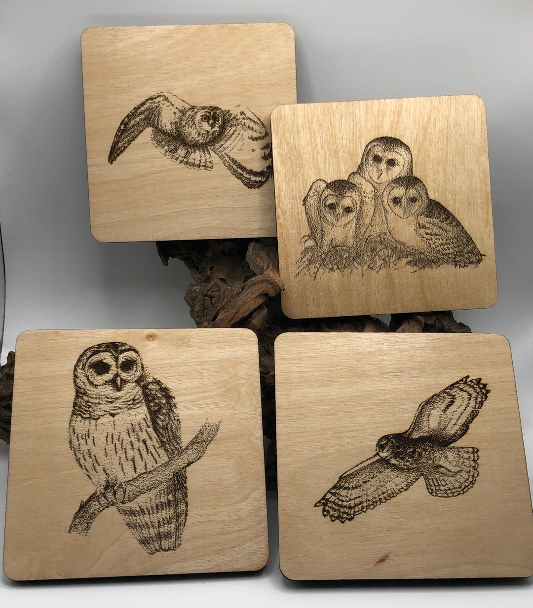 Owl Coaster Set. Four Original Wood Coasters With Caddy. Laser Etched ...