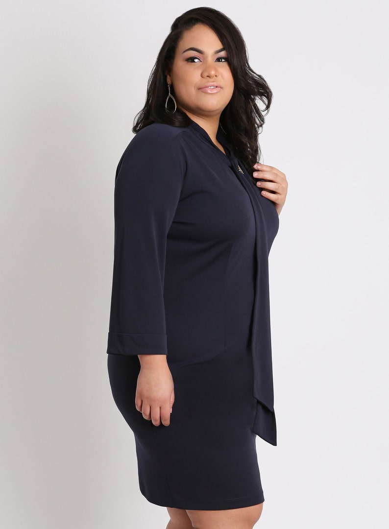 Lucia Plus Size Sheath Dress With Sleeves & Tie Neck, Stretch Knit in ...