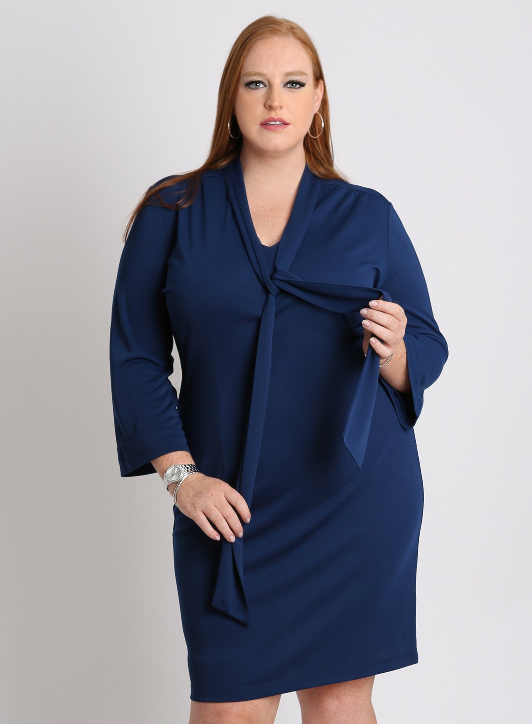 Lucia Plus Size Sheath Dress With Sleeves & Tie Neck, Stretch Knit in ...