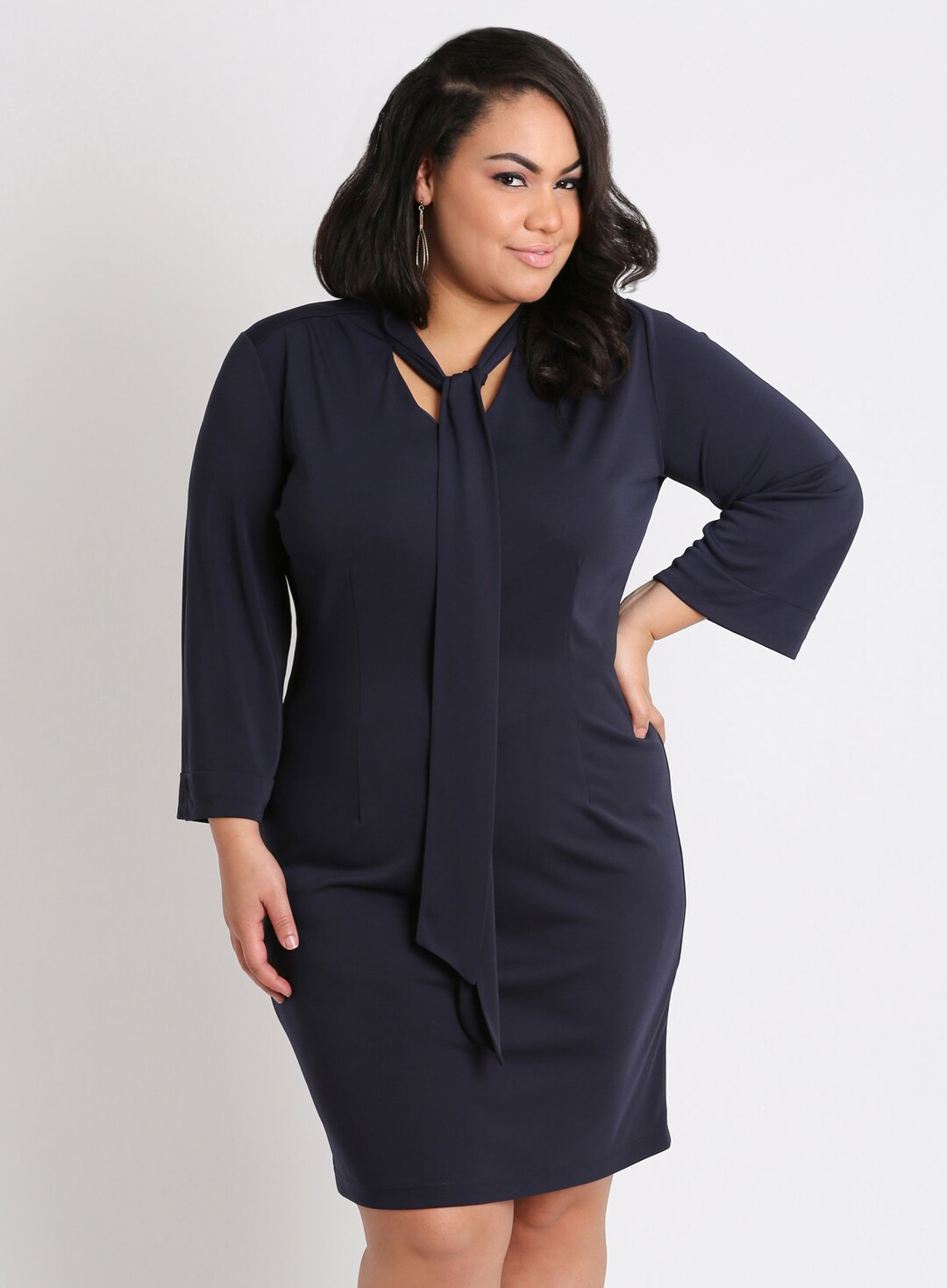Lucia Plus Size Sheath Dress With Sleeves & Tie Neck, Stretch Knit in ...