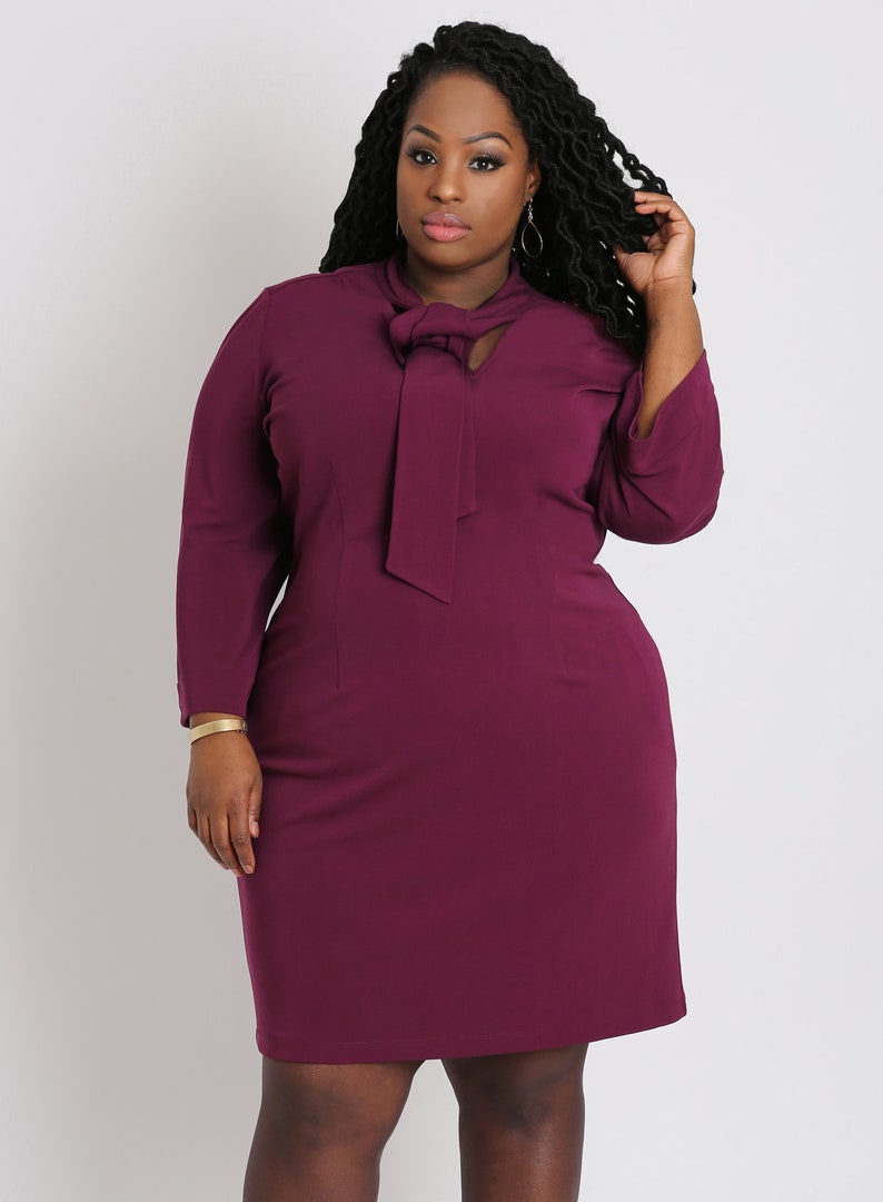 Lucia Plus Size Sheath Dress With Sleeves & Tie Neck, Stretch Knit in ...