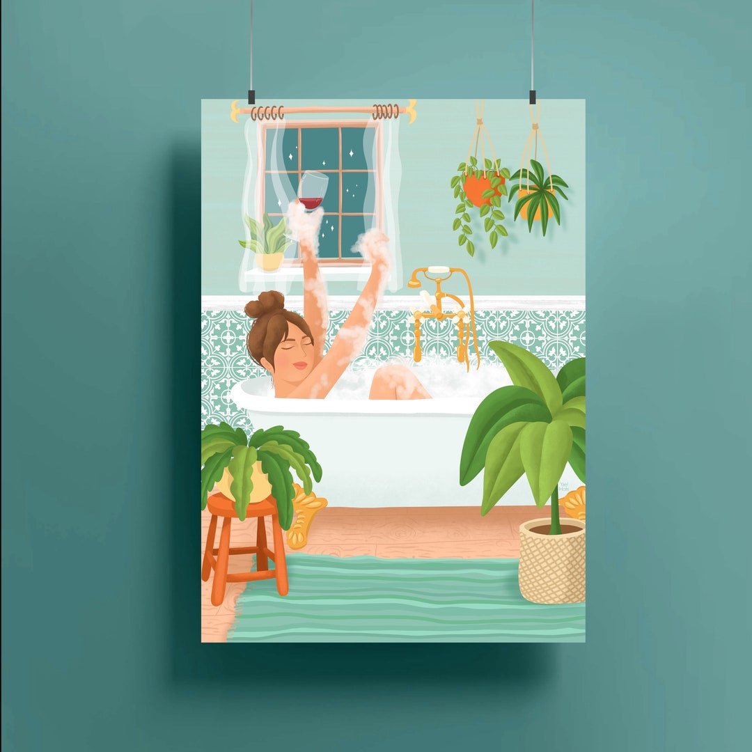 Bubble Bath Art Print: Relaxing Spa Decor With Wine & Plants - Etsy
