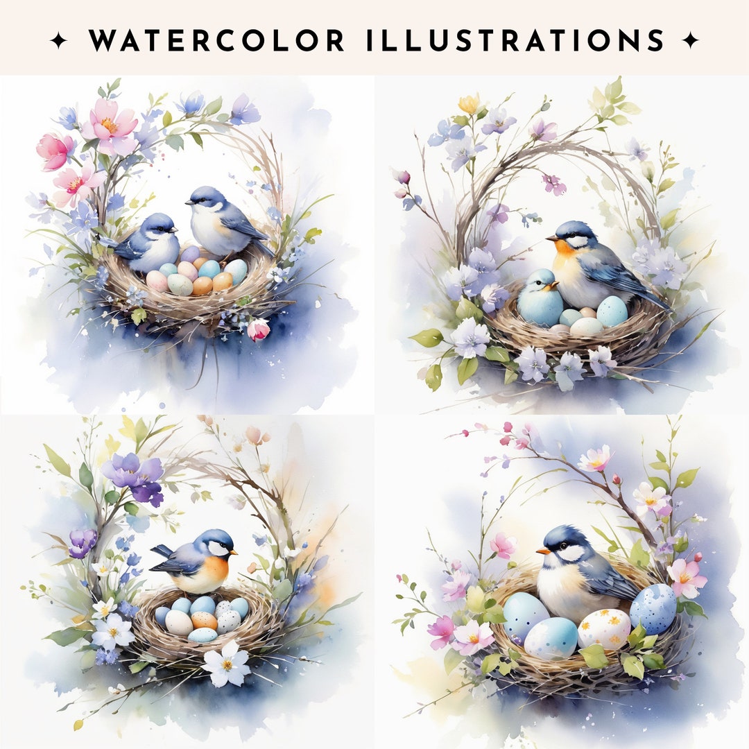 Easter Birds in Nest Watercolor Illustrations JPG. Easter Spring ...