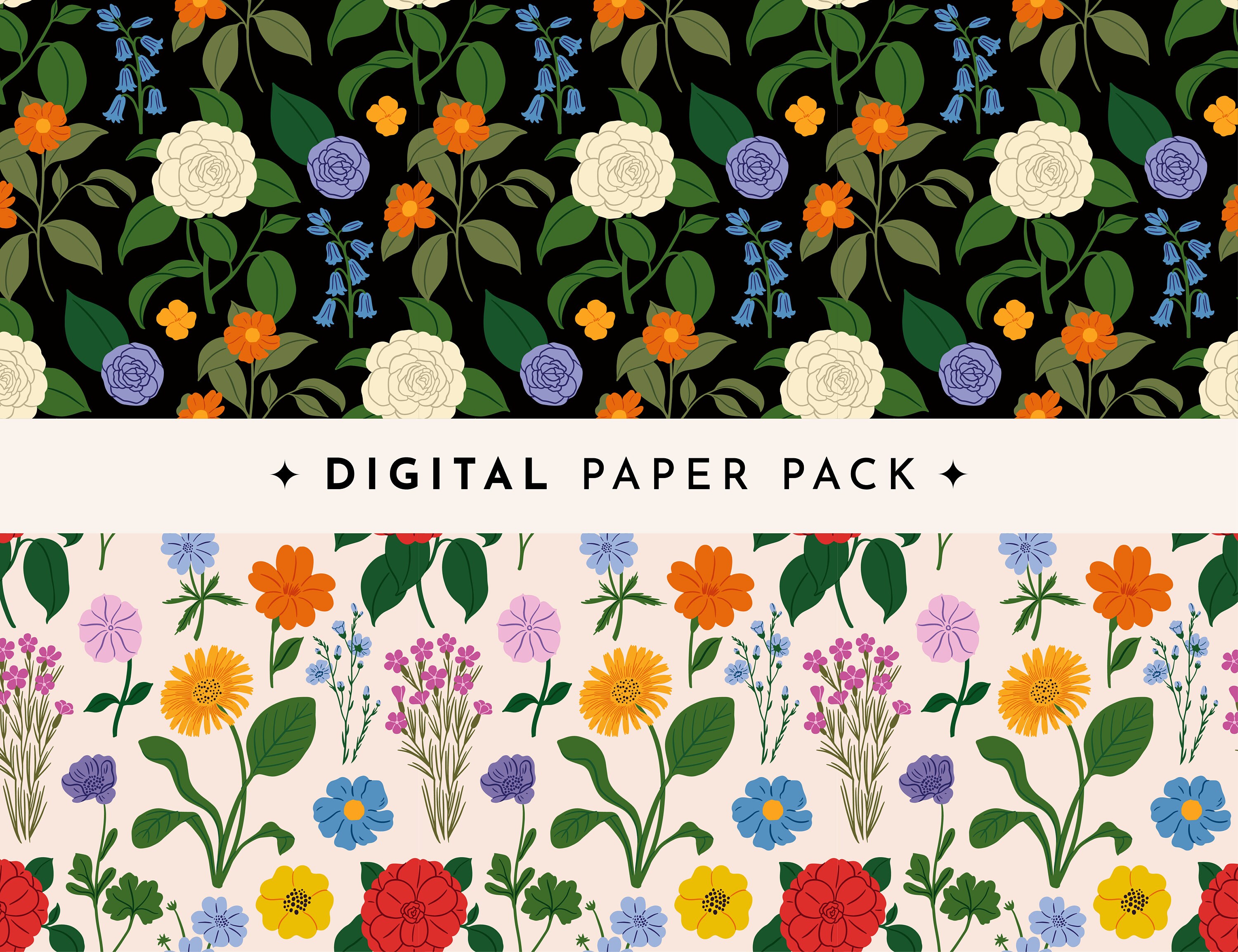 Vintage Flower Market Garden Digital Papers. Retro Floral Scrapbook ...