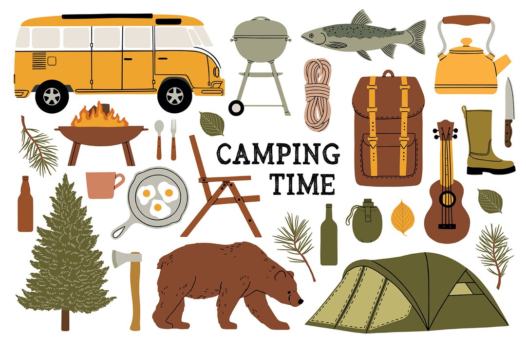 Camping Nature Travel Vector Clipart & Pattern Bundle. Adventure ...