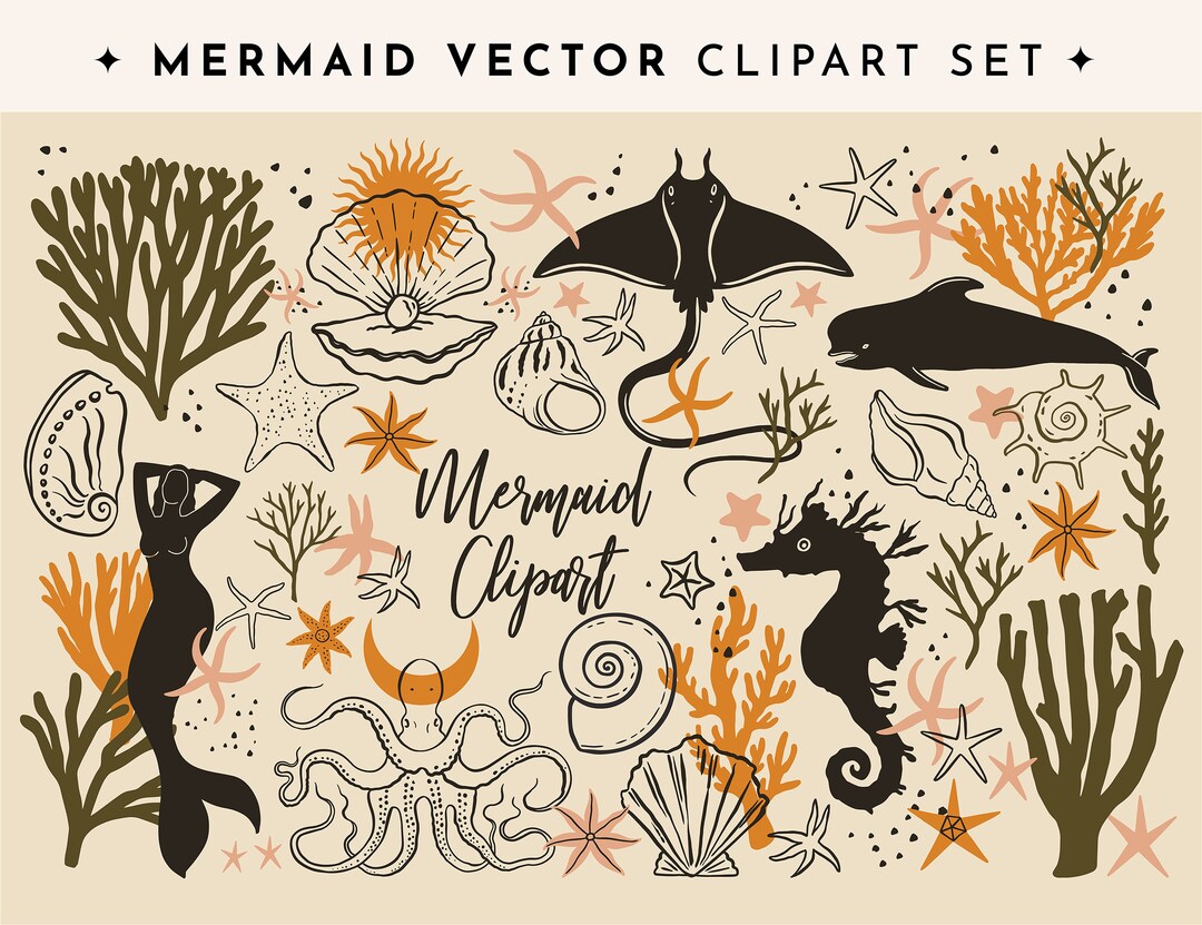 80 Mermaid Sea Life Vector Clipart. Set of Sea Shells, Sea Weed ...