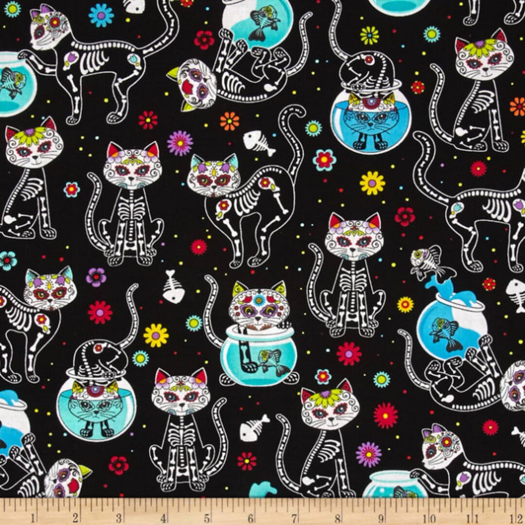 Day of the Dead Cats by Timeless Treasures – Sugar Skull Cat Print ...