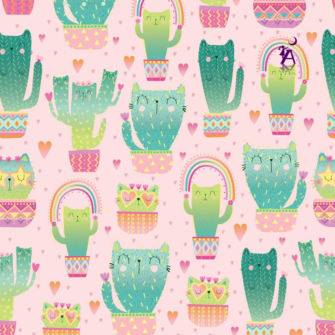 Pink Quirky Cat Cacti, Kitty Cactus From Timeless Treasures Fabric ...