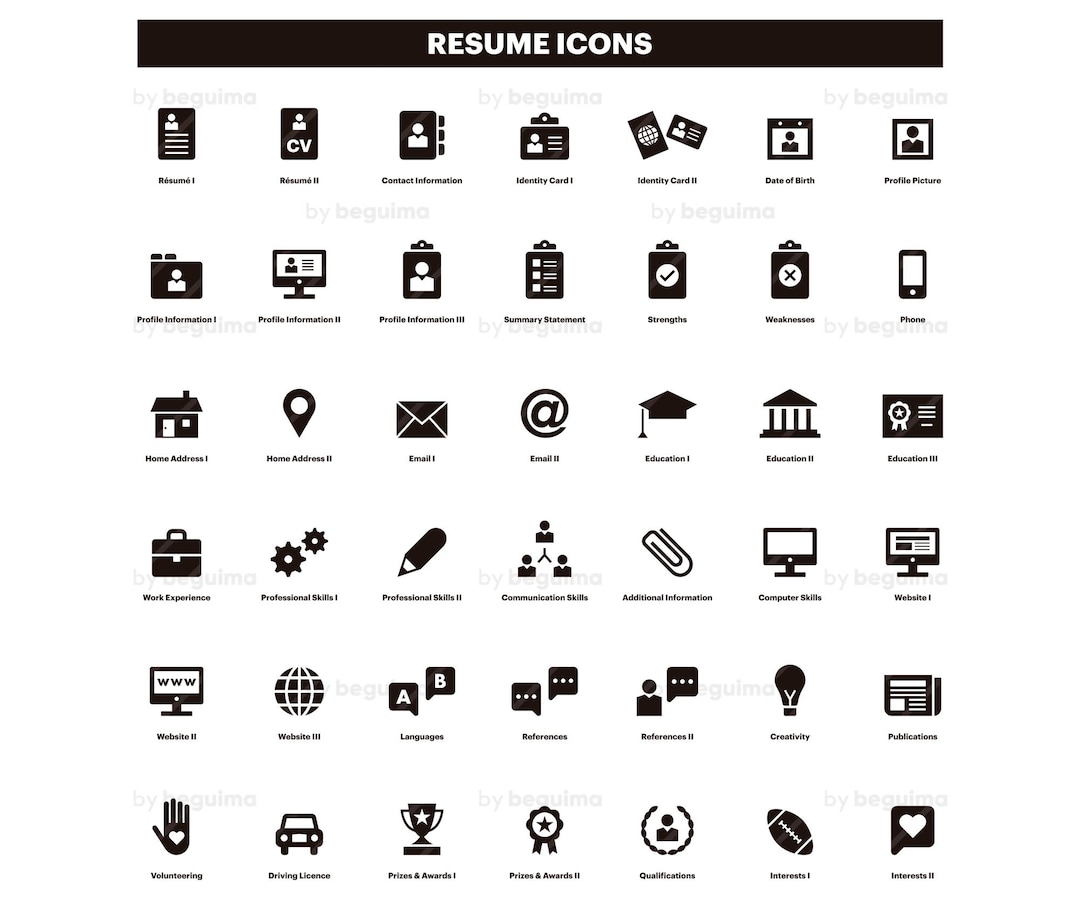 Resume,job,cv,clip Art,work,curriculum Vitae,clipart,set of Icons,black ...