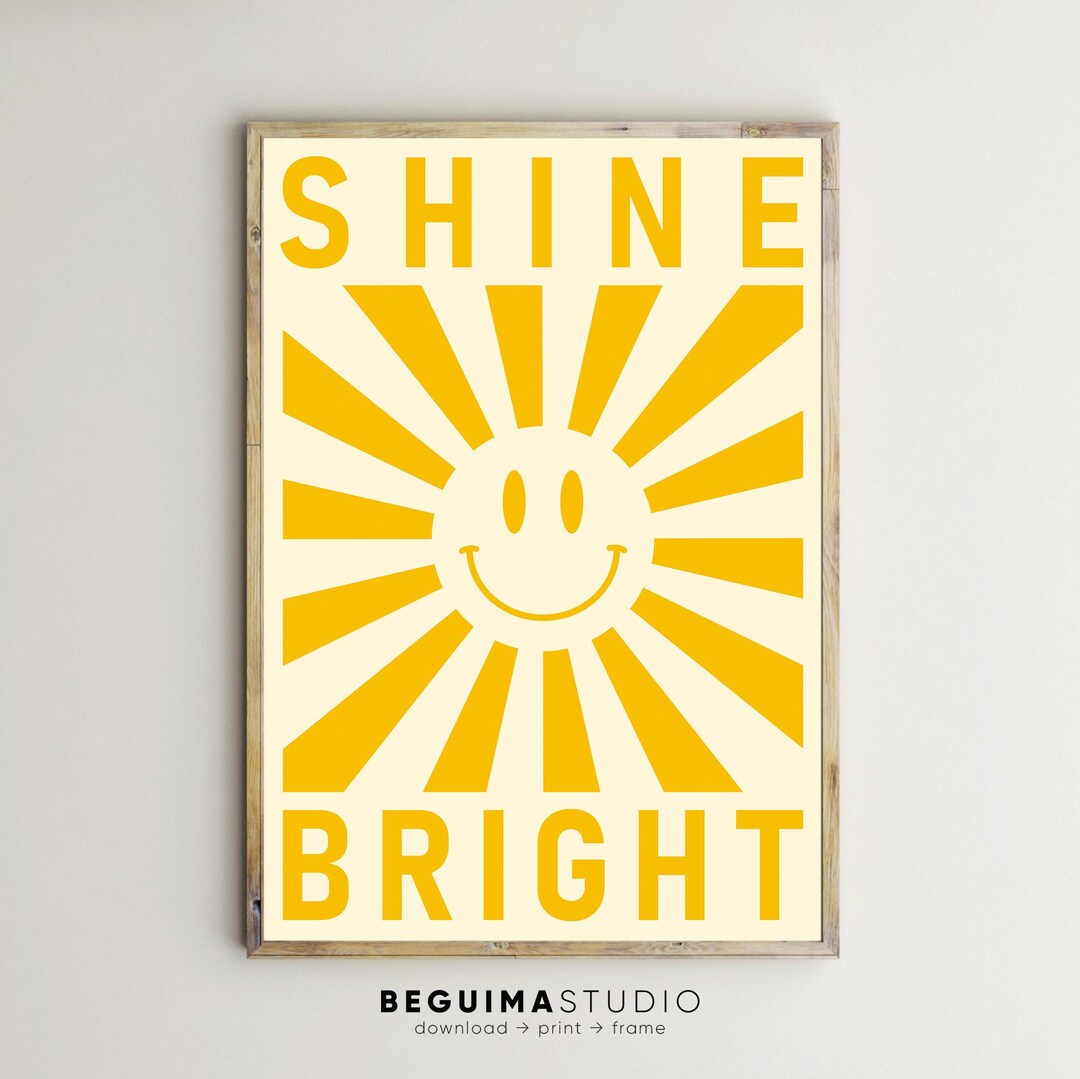 Shine Bright,smiley Prints,yellow Wall Art,nursery Sun,kids Printable ...