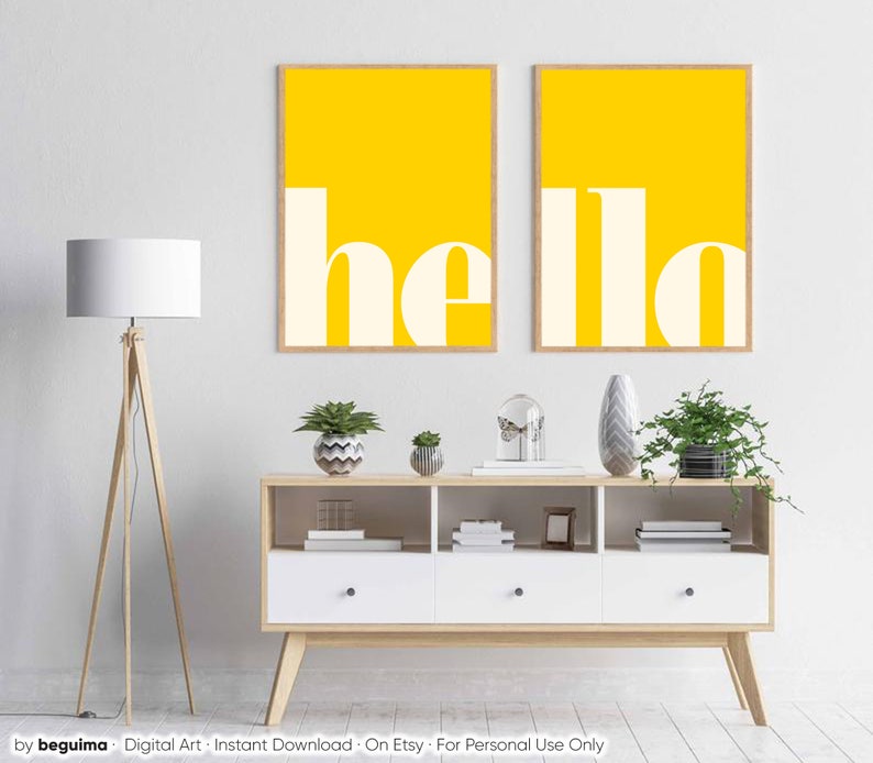 Hello Poster,yellow Print,hello Wall Art,diptych,double Print,entryway ...