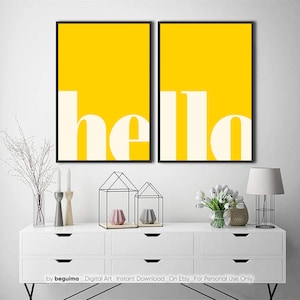 Hello Poster,yellow Print,hello Wall Art,diptych,double Print,entryway ...