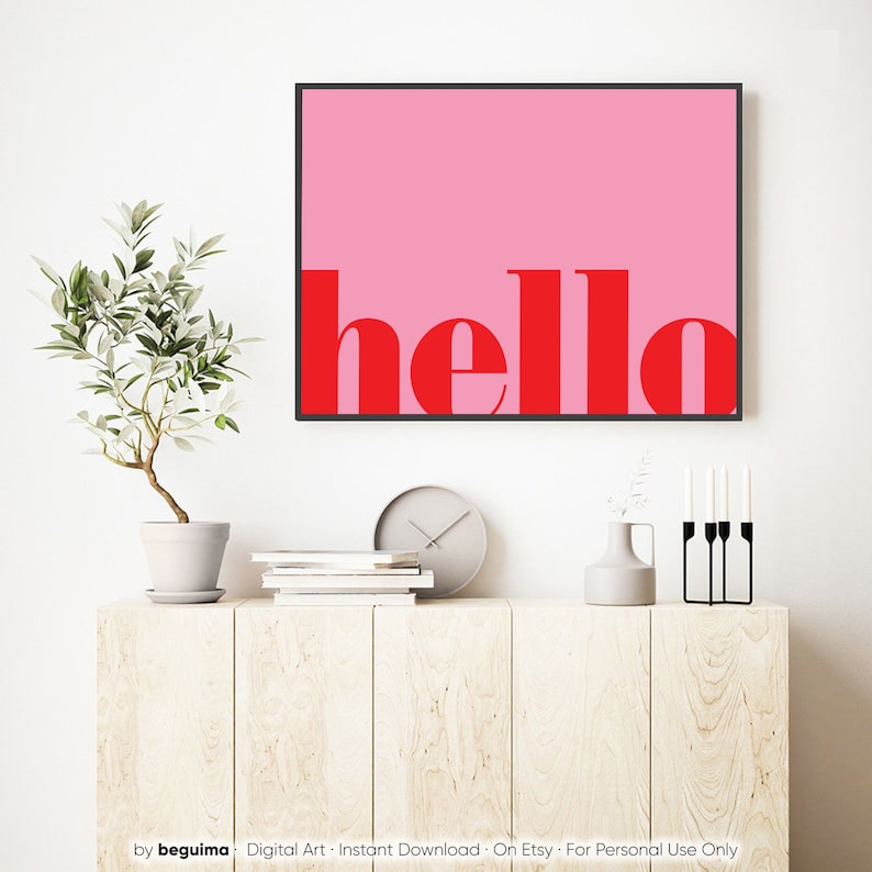 Hello Printpinkredhello Posterprintable Wall - Etsy